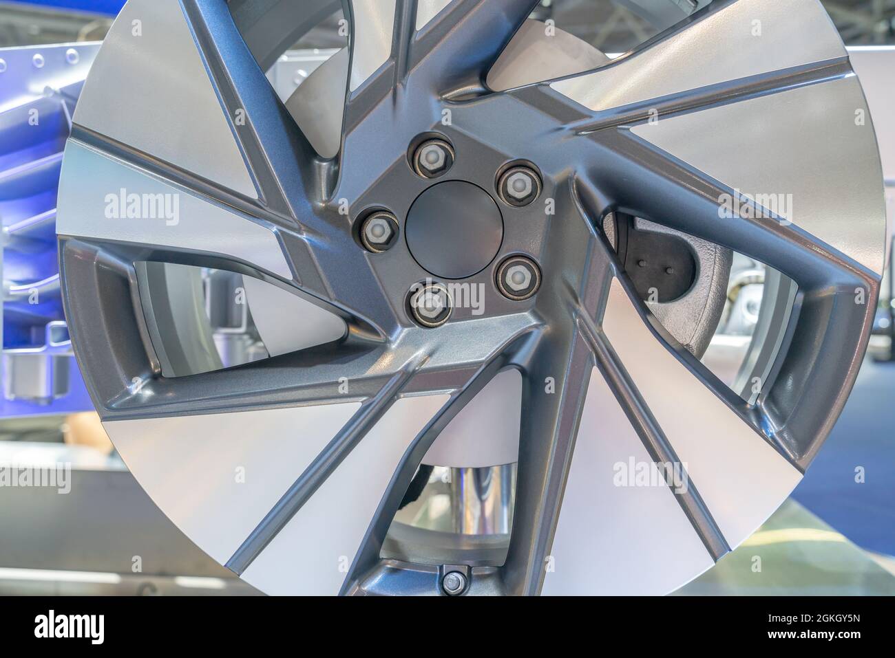 Detailed closeup of an electric car wheel hub at a factory Stock Photo ...
