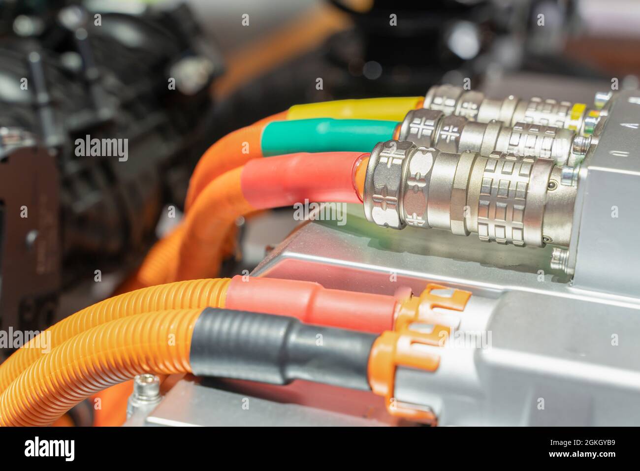 Detailed closeup of an electric car pipe line in engine cooling system ...