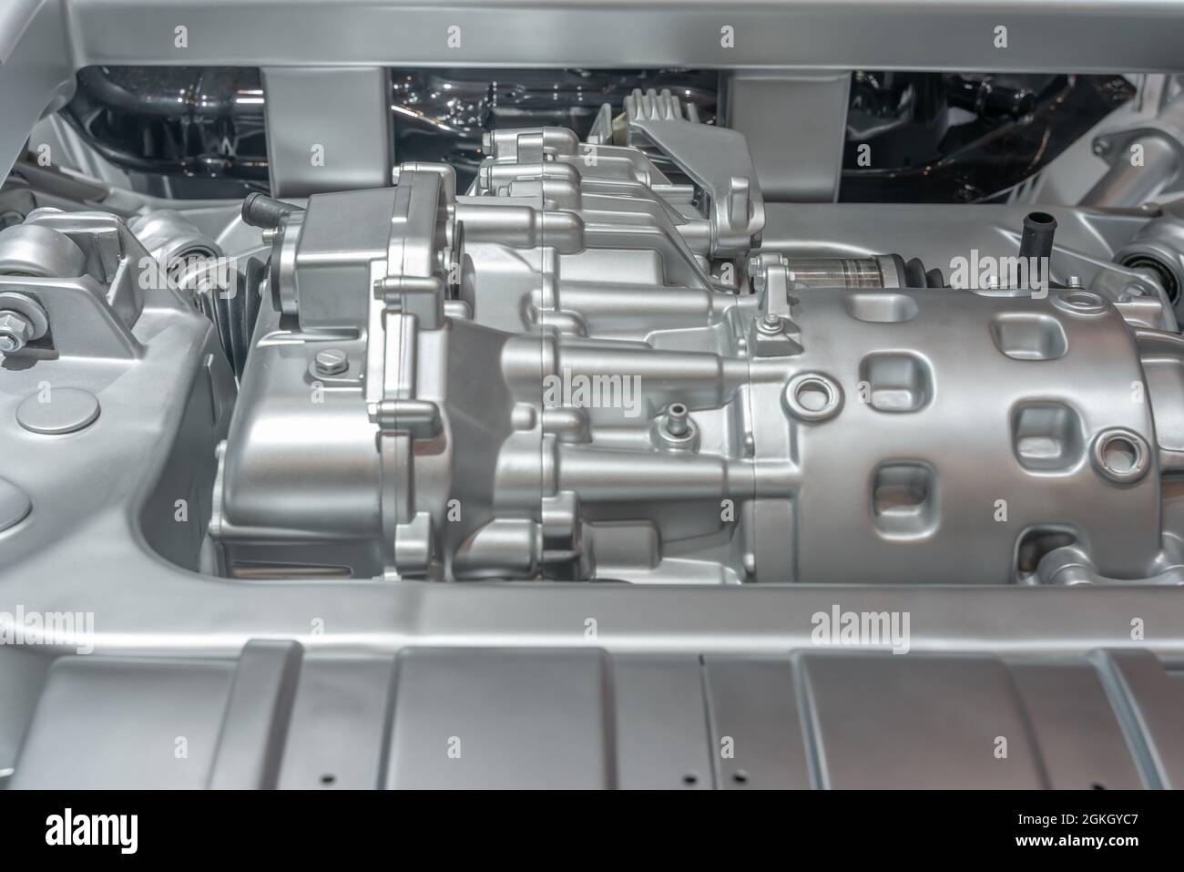 Detailed closeup of an electric car engine and spare parts Stock Photo ...