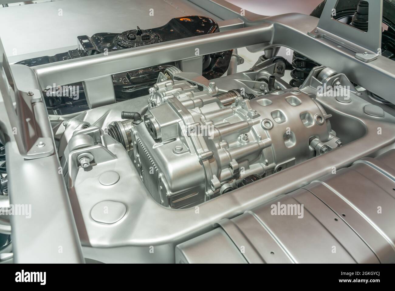 Detailed closeup of an electric car engine and spare parts Stock Photo ...