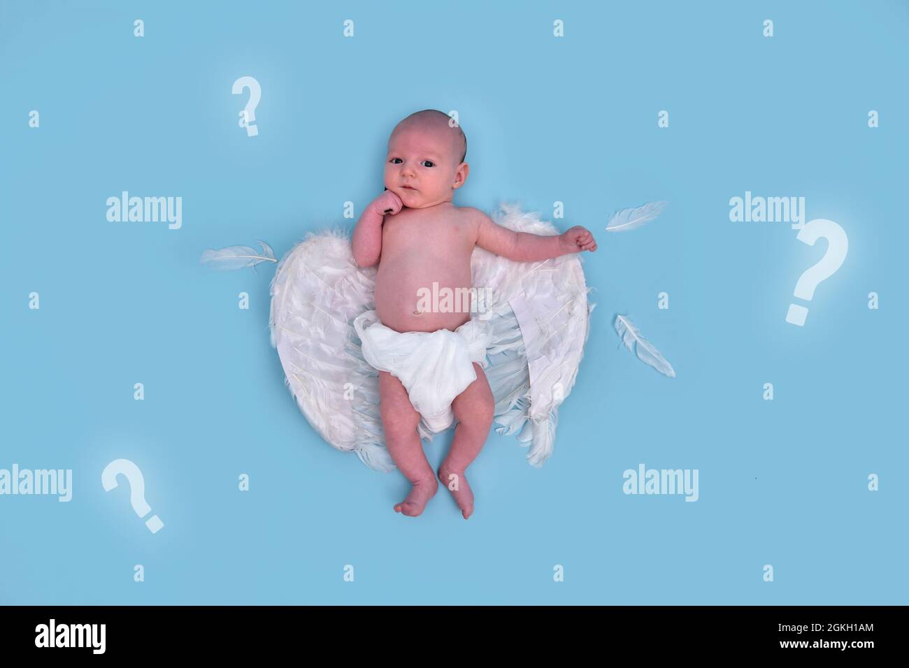 A newborn baby boy with white angel wings on a blue studio background ...