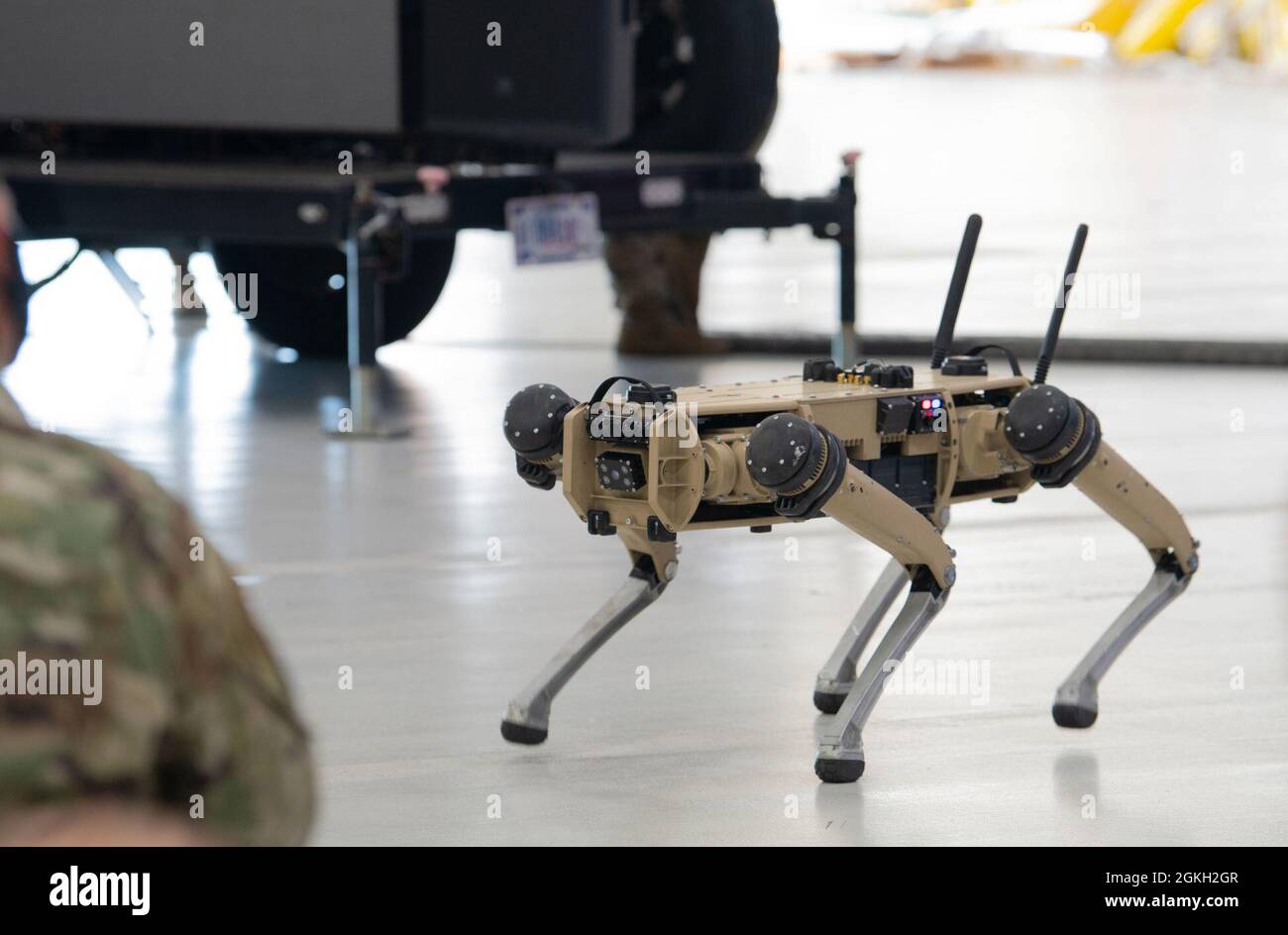 A Quad-legged Unmanned Ground Vehicle (Q-UGV) is displayed during an ...