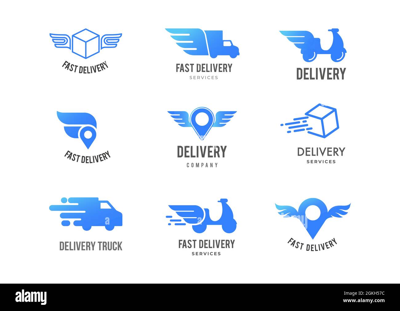 Blue delivery logos collection, set of emblems, symbols and icons. Fast ...