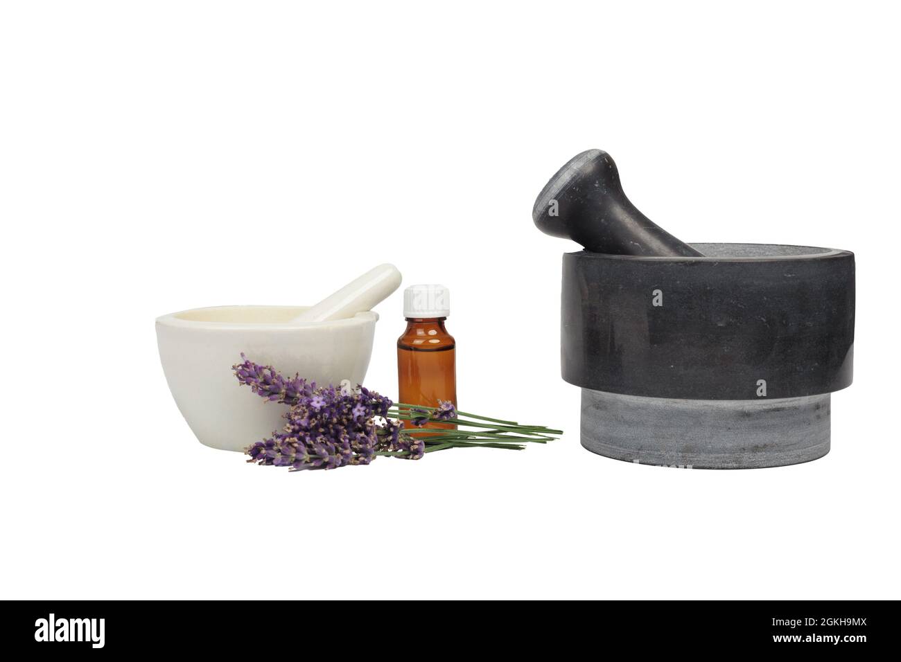 White and black mortar and a bouquet of lavender, bottle isolated on white background ...