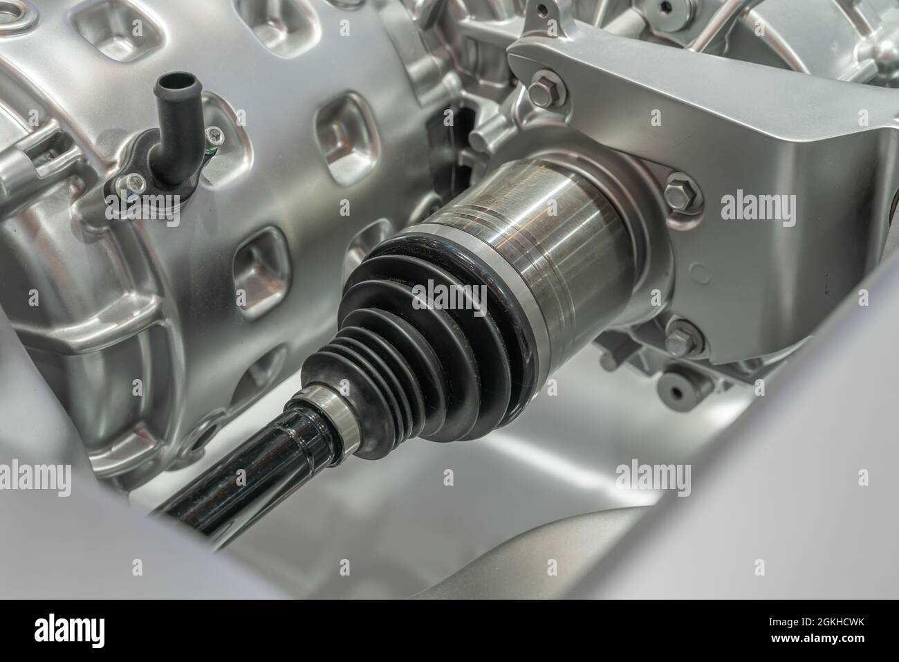 Detailed closeup of an electric car motor component connected with the ...