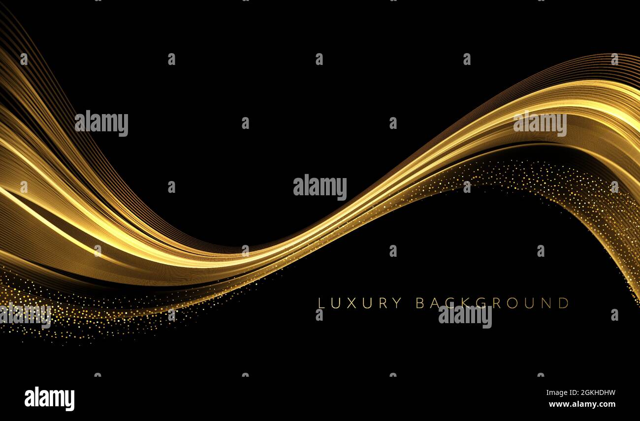 Abstract Gold Waves. Shiny golden moving lines design element with glitter effect on dark ...
