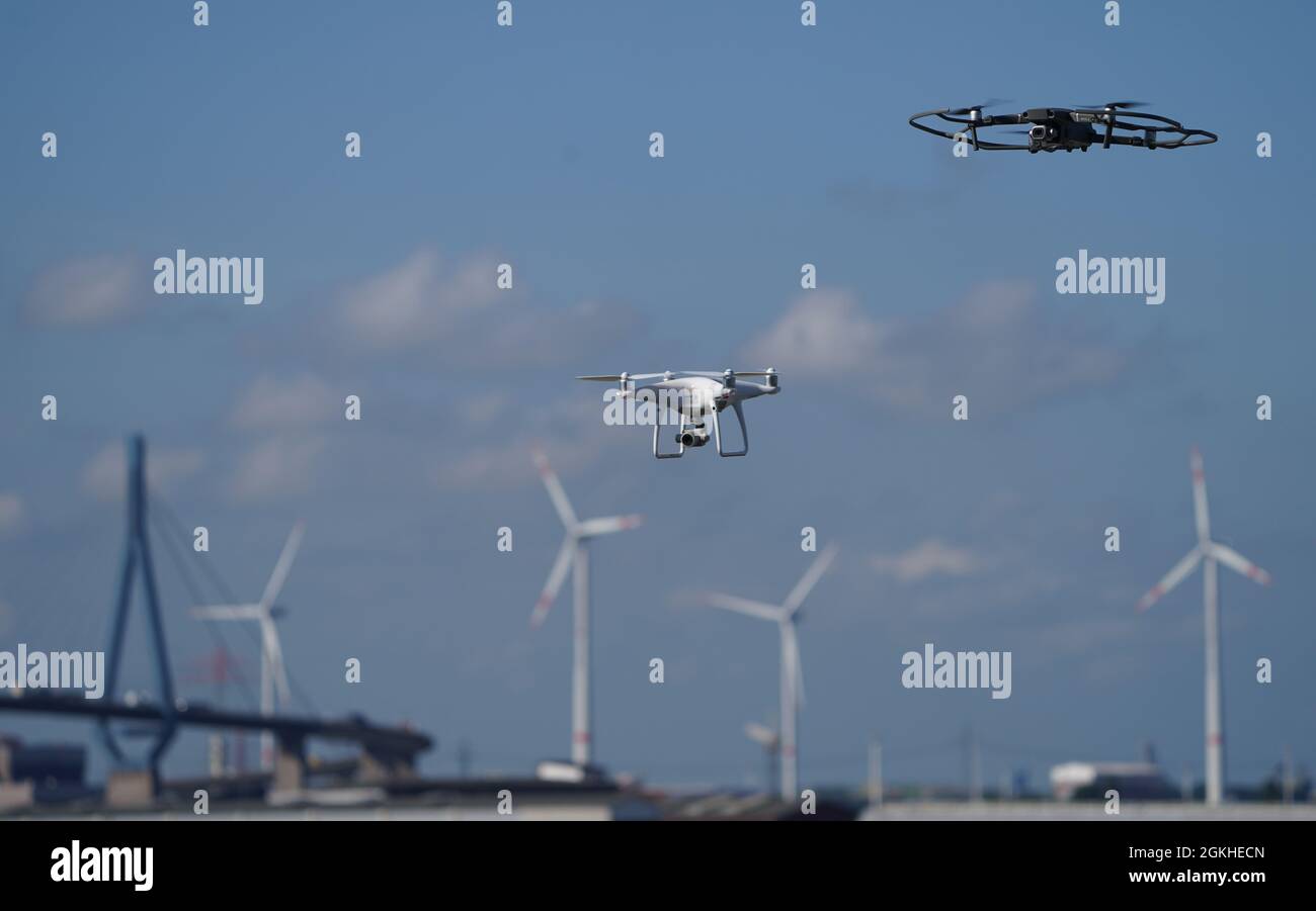 Hamburg, Germany. 14th Sep, 2021. Two drones fly during a press event ...