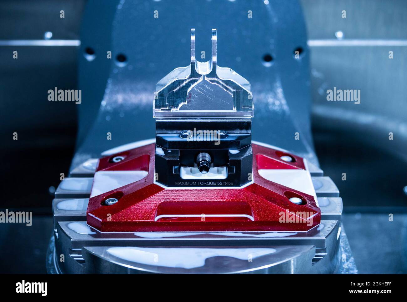 An F-35A Lightning II fighter jet rudder hinge sits on display in a 5 ...