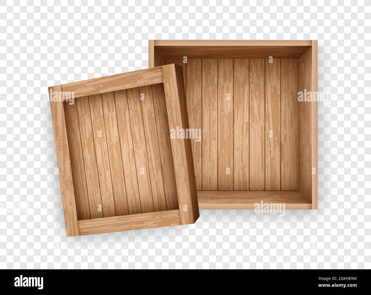 Realistic wooden cargo box mockup template. Empty crate made of old ...
