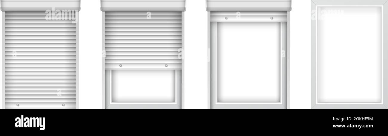 Realistic plastic windows with blinds. Roller shutter for glass windows ...