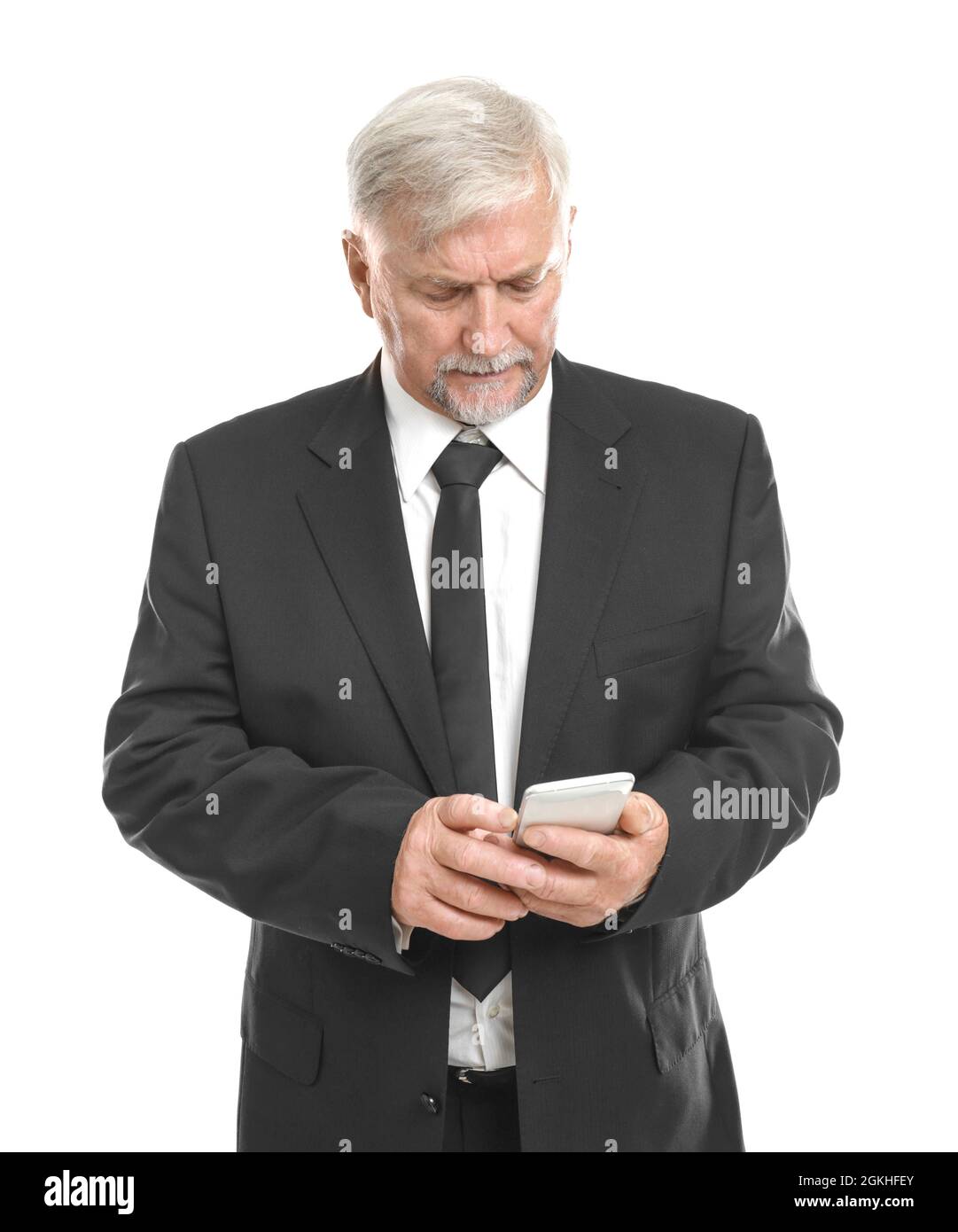 Elderly man with mobile phone on white background Stock Photo - Alamy