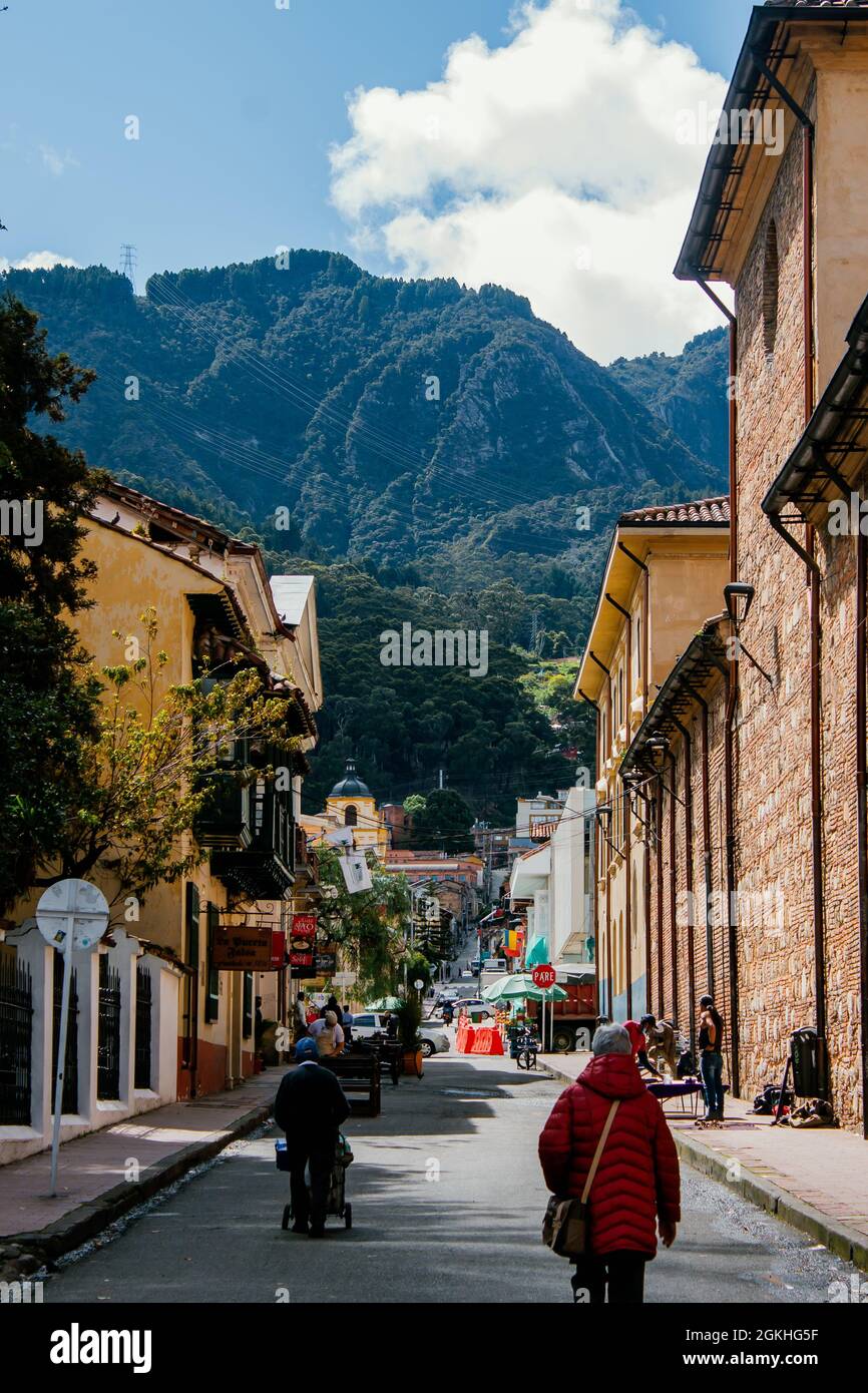 Street in the colonial neighborhood of La candelaria, Bogotá, sunny ...