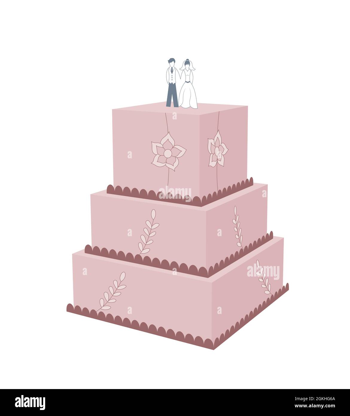 big wedding cake with bride and groom cake topper, 3d perspective view ...