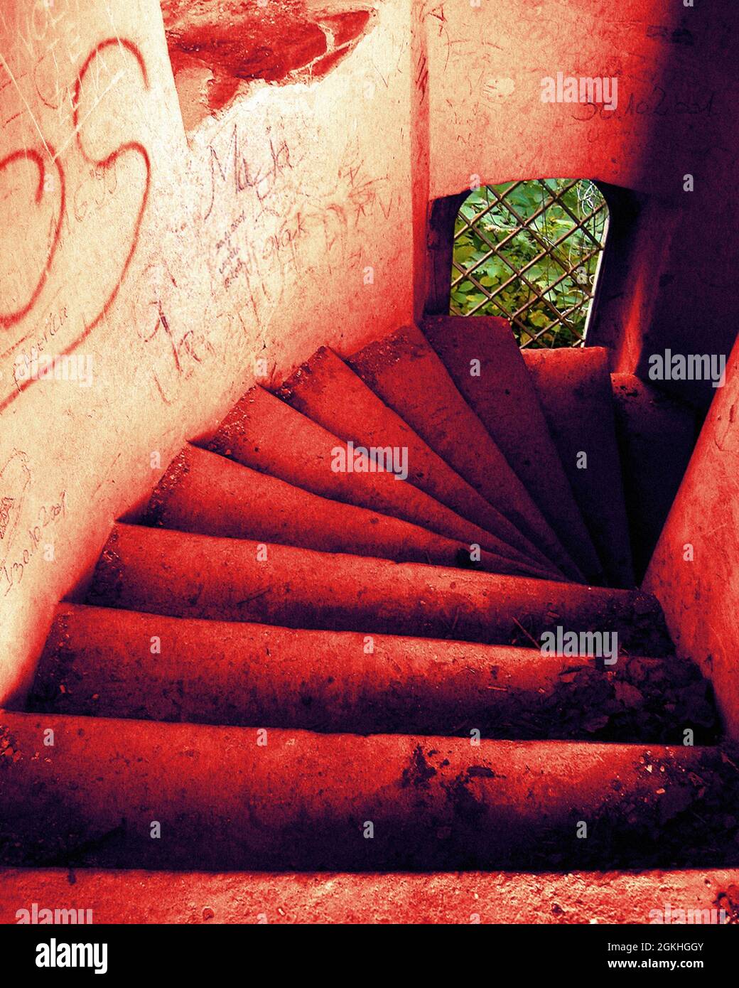 fantasy red stairway with green window in an abandoned castle Stock ...