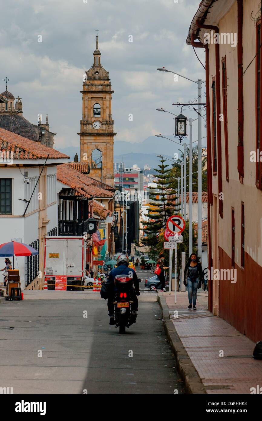 Street in the colonial neighborhood of La candelaria, Bogotá, sunny ...