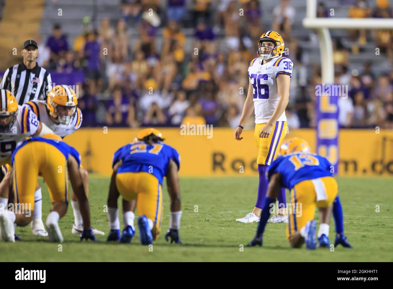 LSU Tigers place kicker Cade York (36) prepares to kick a Tiger Stadium ...