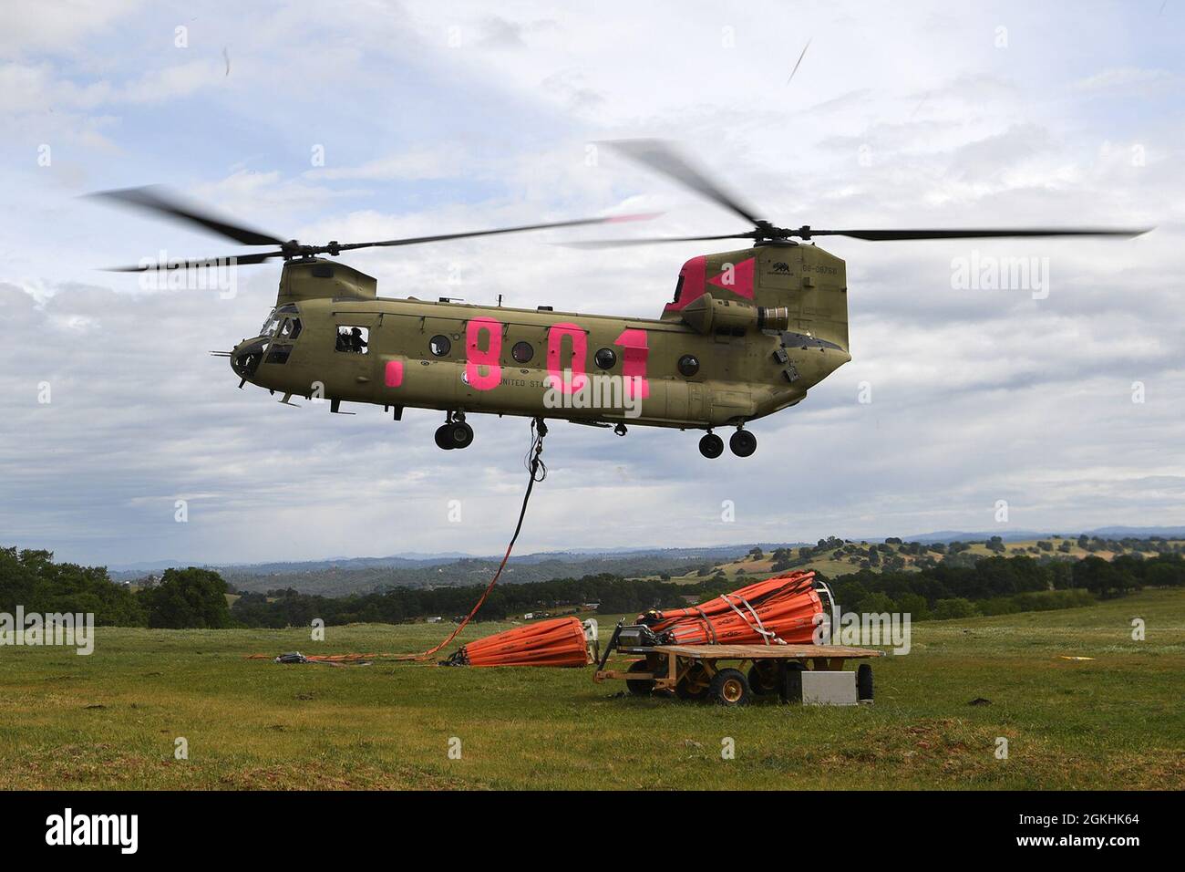A California Army National Guard CH-47 Chinook aircraft takes off for a ...