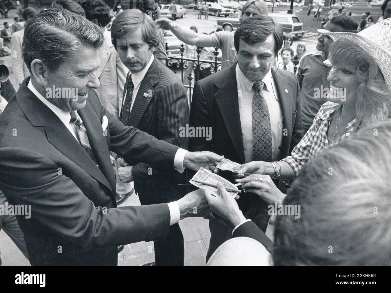 ©1980 Ronald Reagan campaigning in downtown Houston, Texas surrounded ...