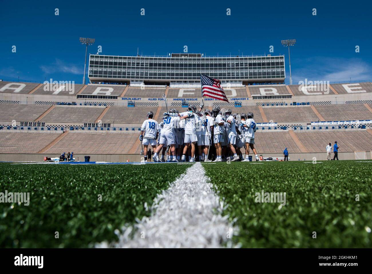 U.S. Air Force Academy -- Air Force players huddle at center field ...