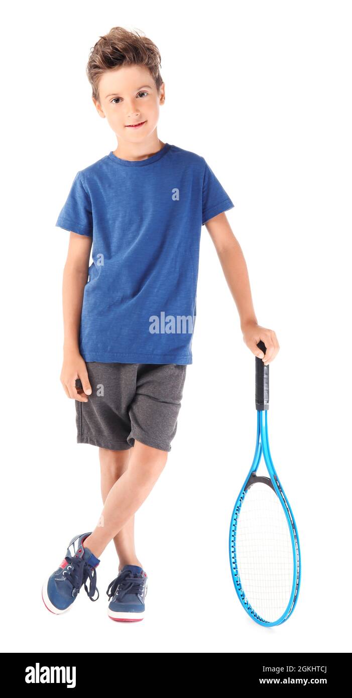 Cute little boy with tennis racket on white background Stock Photo - Alamy
