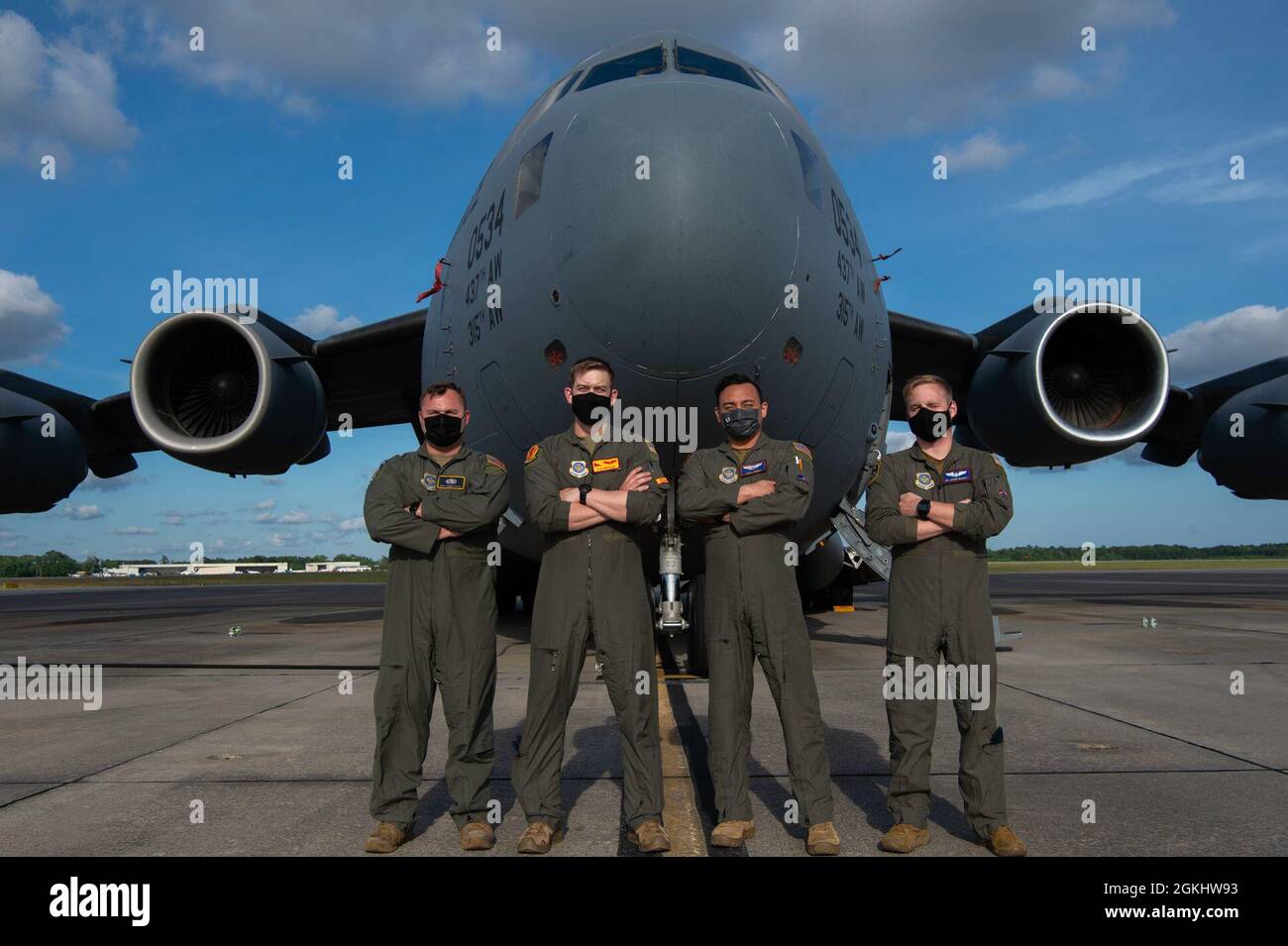 U.S. Air Force Airmen from the 437th Airlift Squadron, pose in front of ...
