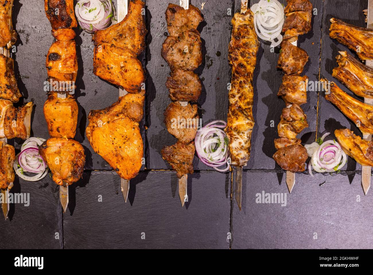 barbecue collage. chicken legs, pork, ribs, chicken fillet and beef on ...