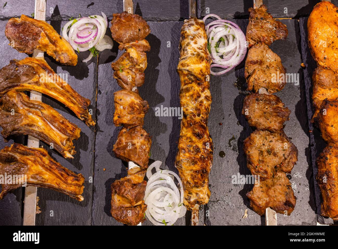 barbecue collage. chicken legs, pork, ribs, chicken fillet and beef on ...
