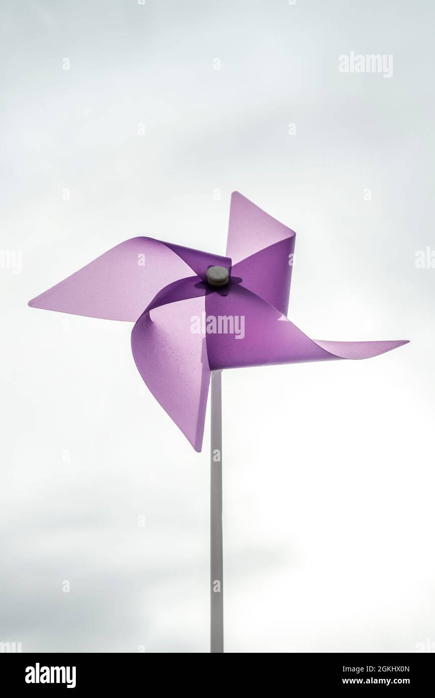 Vertical image in low angle shot of purple pinwheel with background of ...
