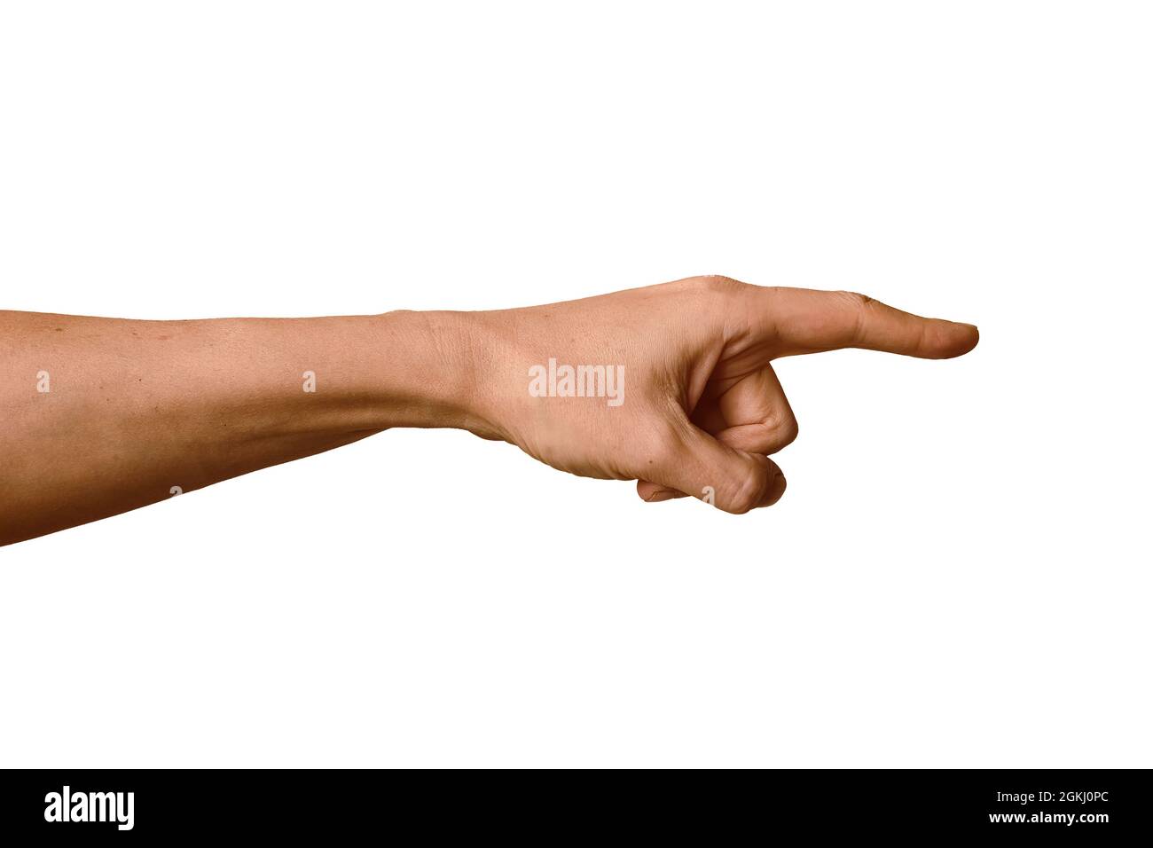 Hand of adult man with forefinger extended forward on white background ...