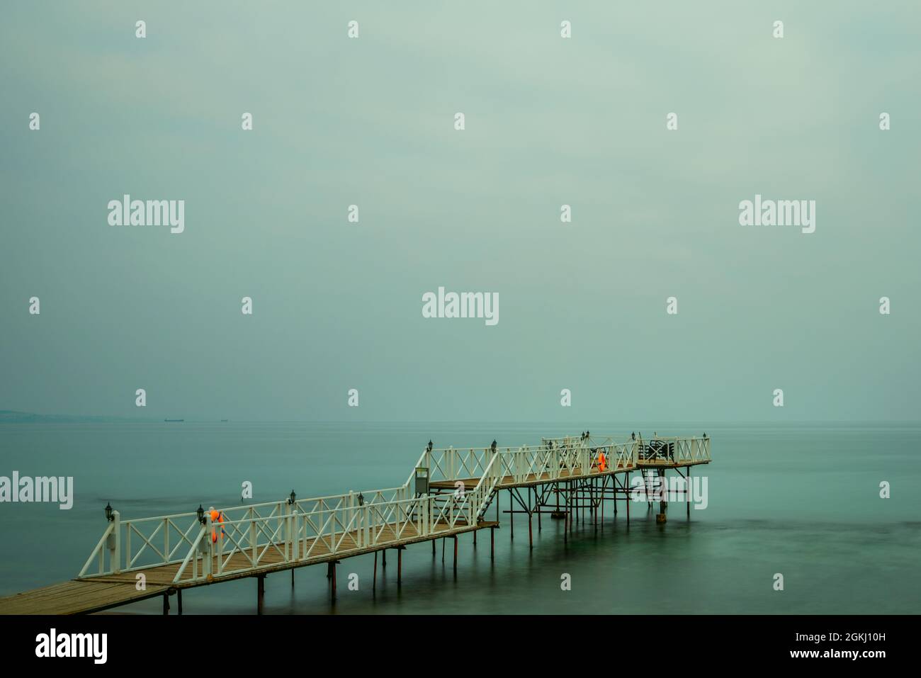 jetty with wooden floors on the shores of the Marmara Sea at Tekirdag ...