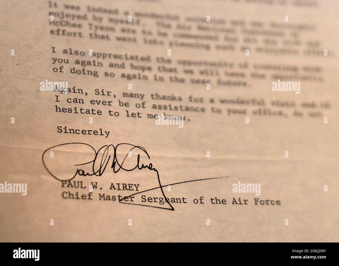 A letter signed by the 1st Chief Master Sgt. of the Air Force Paul W ...