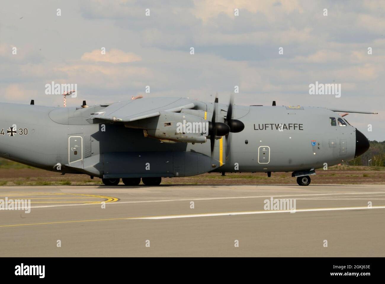 A German air force A400M Atlas aircraft taxis at Ramstein Air Base ...