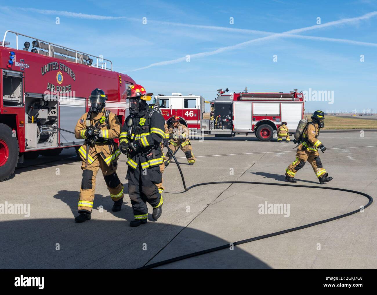 60th Civil Engineer Squadron firefighters respond to a simulated ...