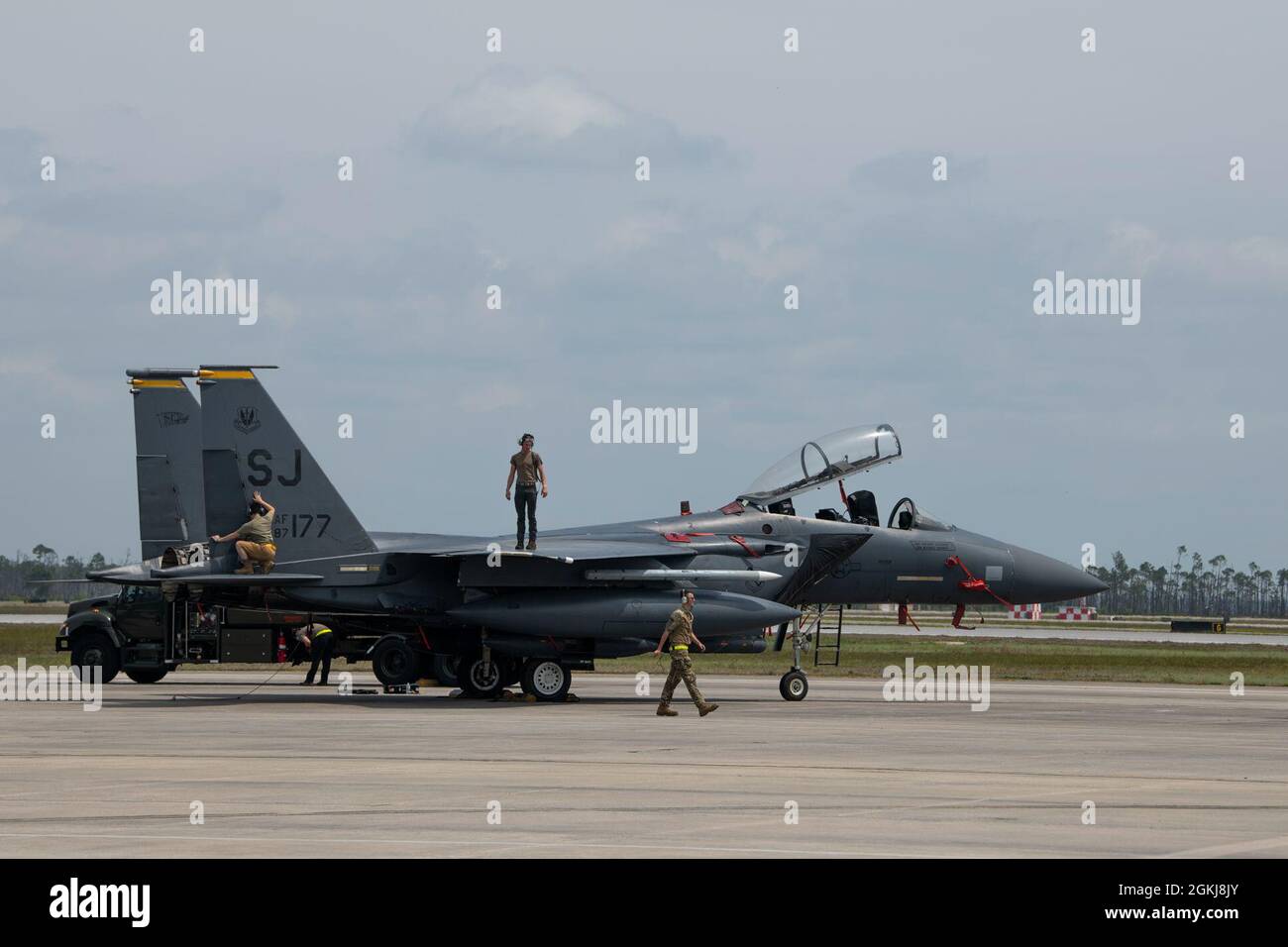 U.S. Air Force maintainers assigned to 336th Fighter Squadron perform post-flight checks on an F ...