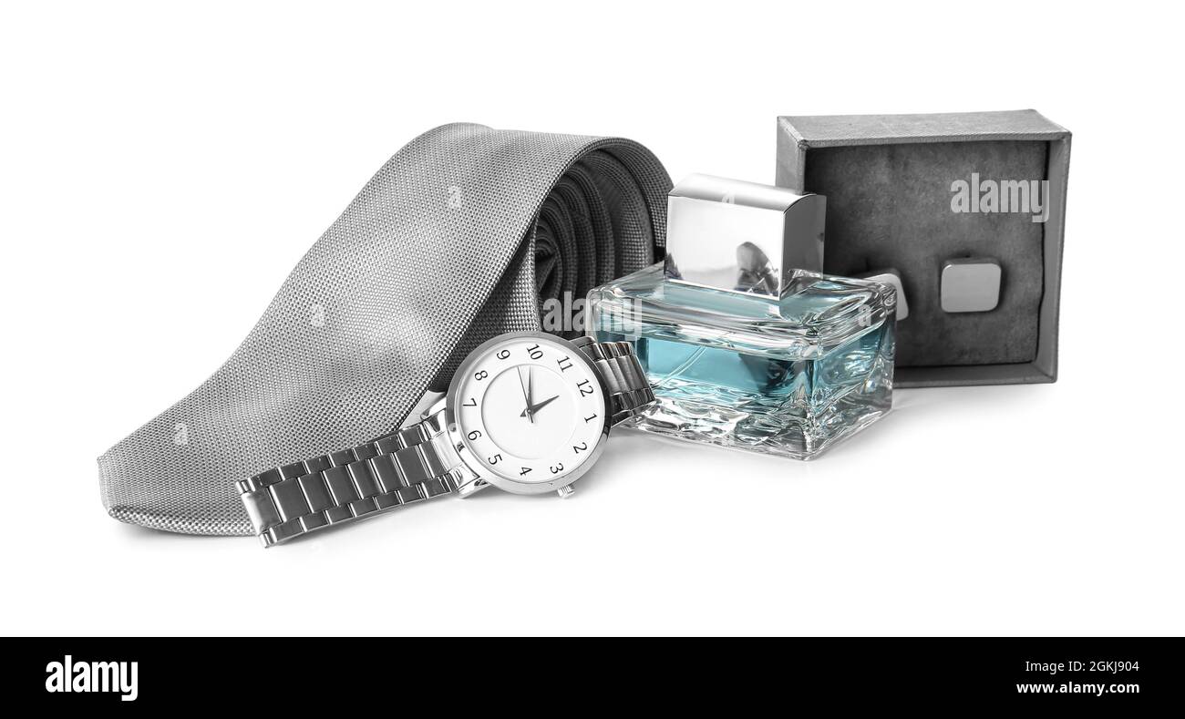 Stylish male accessories and perfume on white background Stock Photo ...