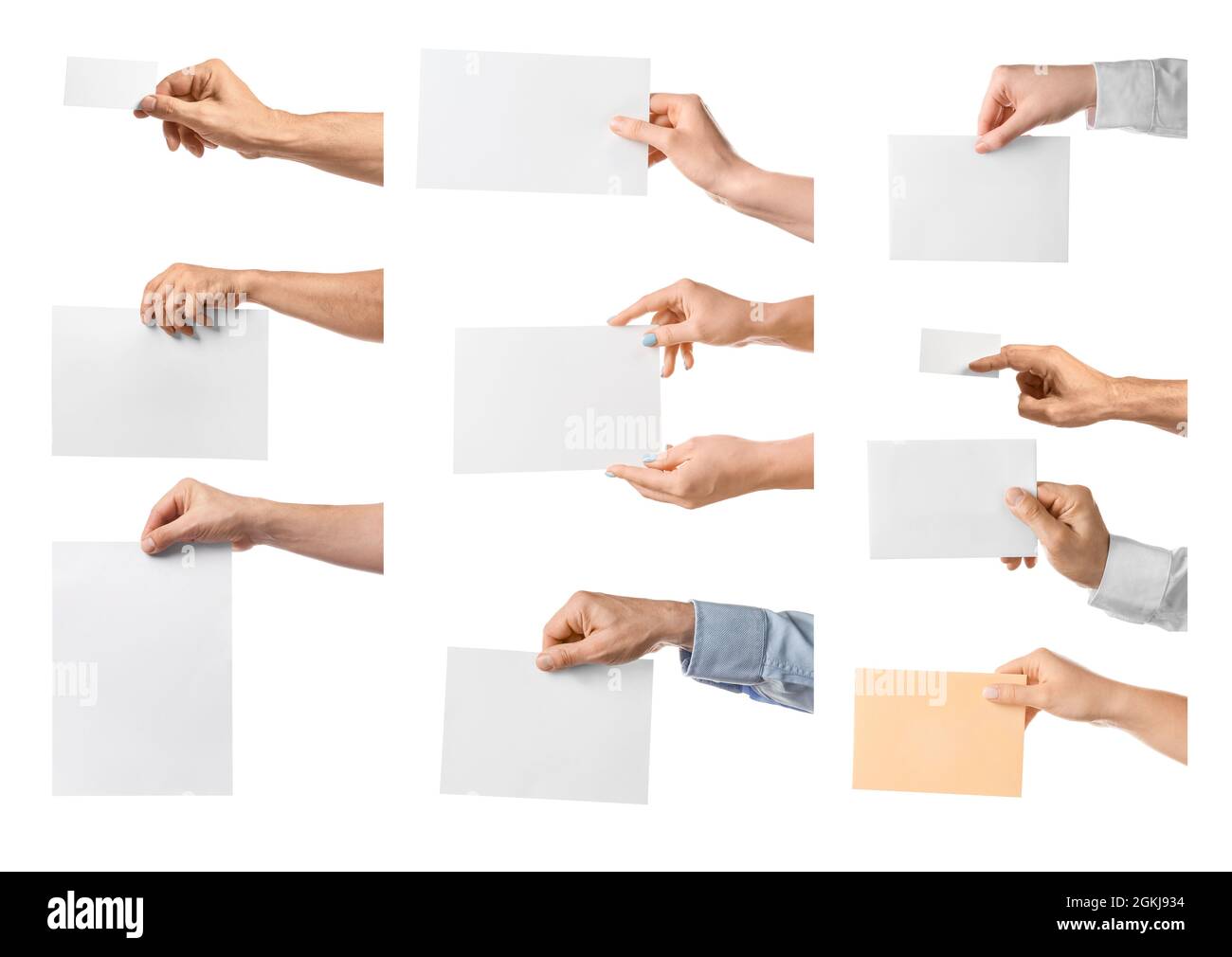 Human hands with blank sheets of paper on white background Stock Photo ...