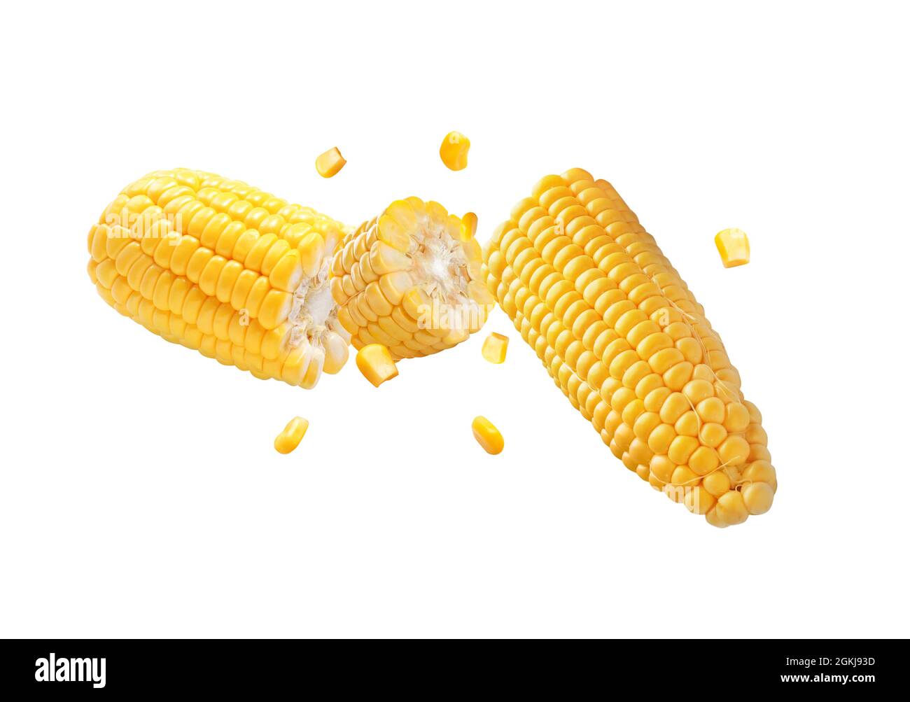 Flying cut corn cob on white background Stock Photo - Alamy