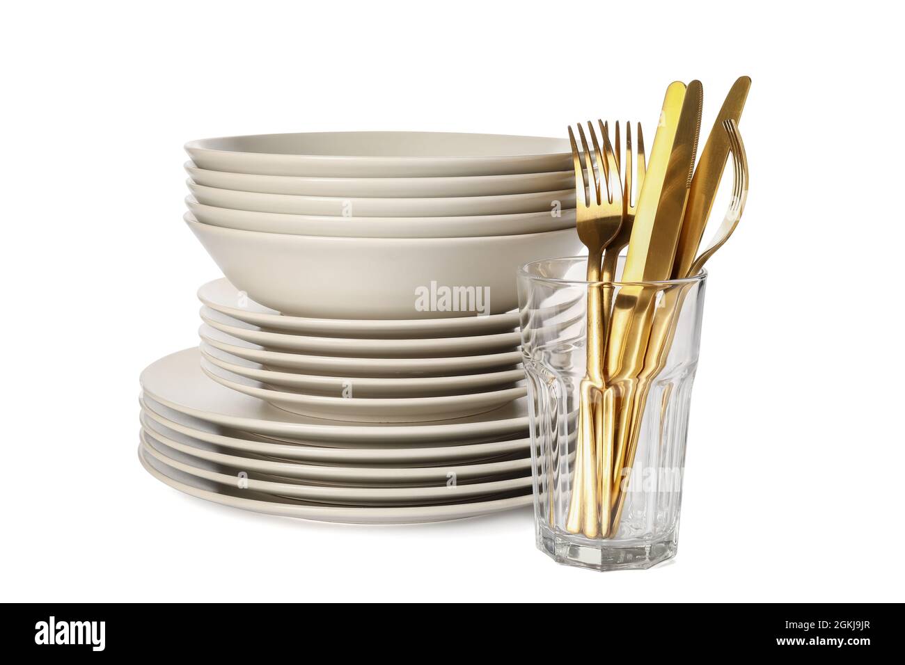 Set of light clean dishes on white background Stock Photo - Alamy