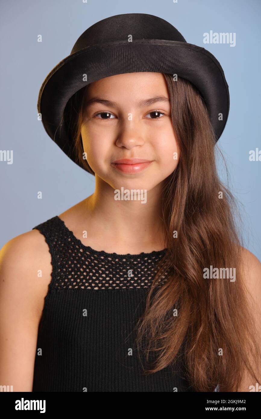 Close Up Portrait Of A Bright Cute Dark Haired Teenage Girl 12 Years
