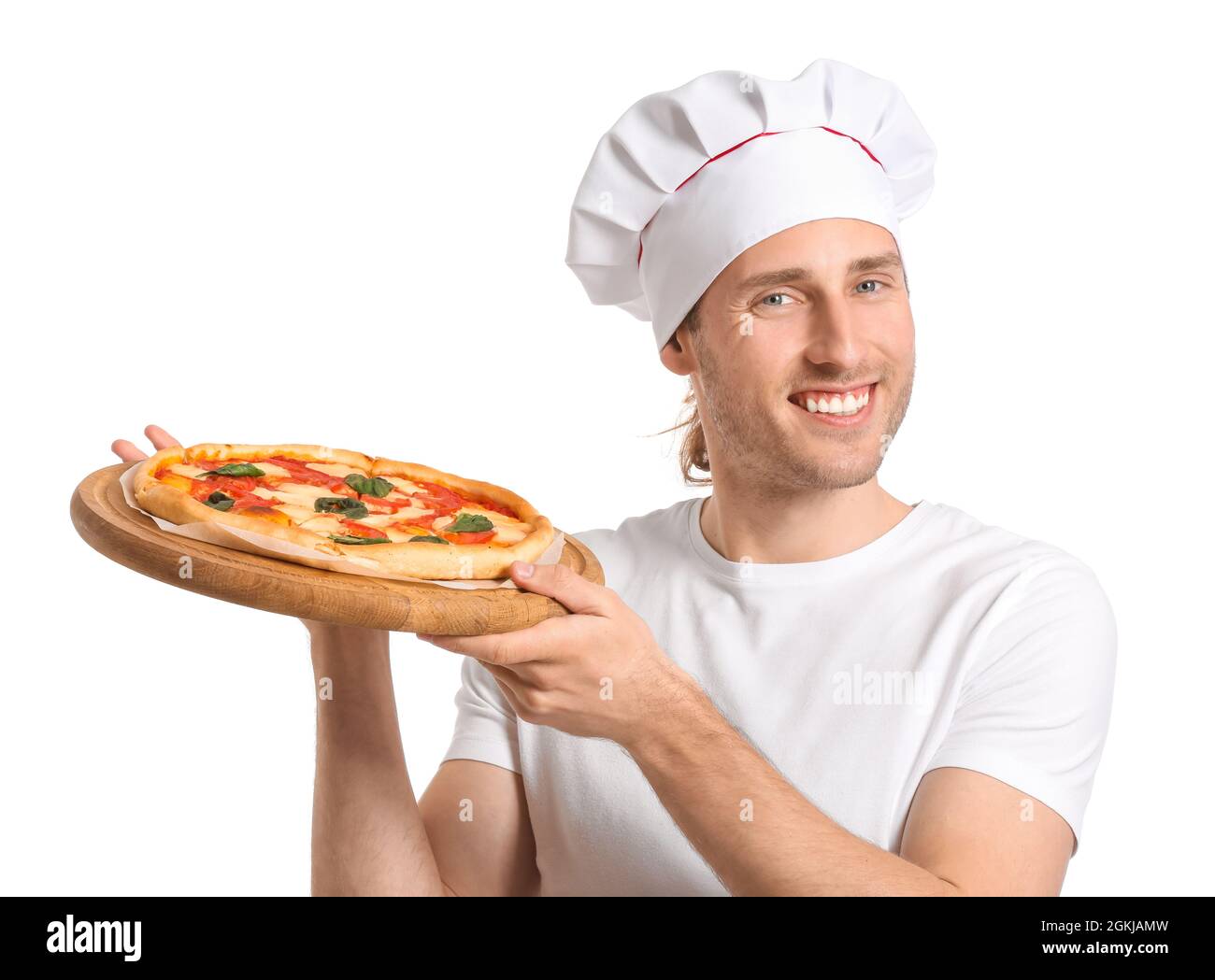 Handsome chef with tasty pizza on white background Stock Photo - Alamy