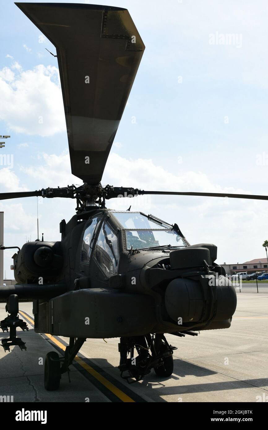 An AH-64D, Apache helicopter, is parked on the flightline at Patrick ...