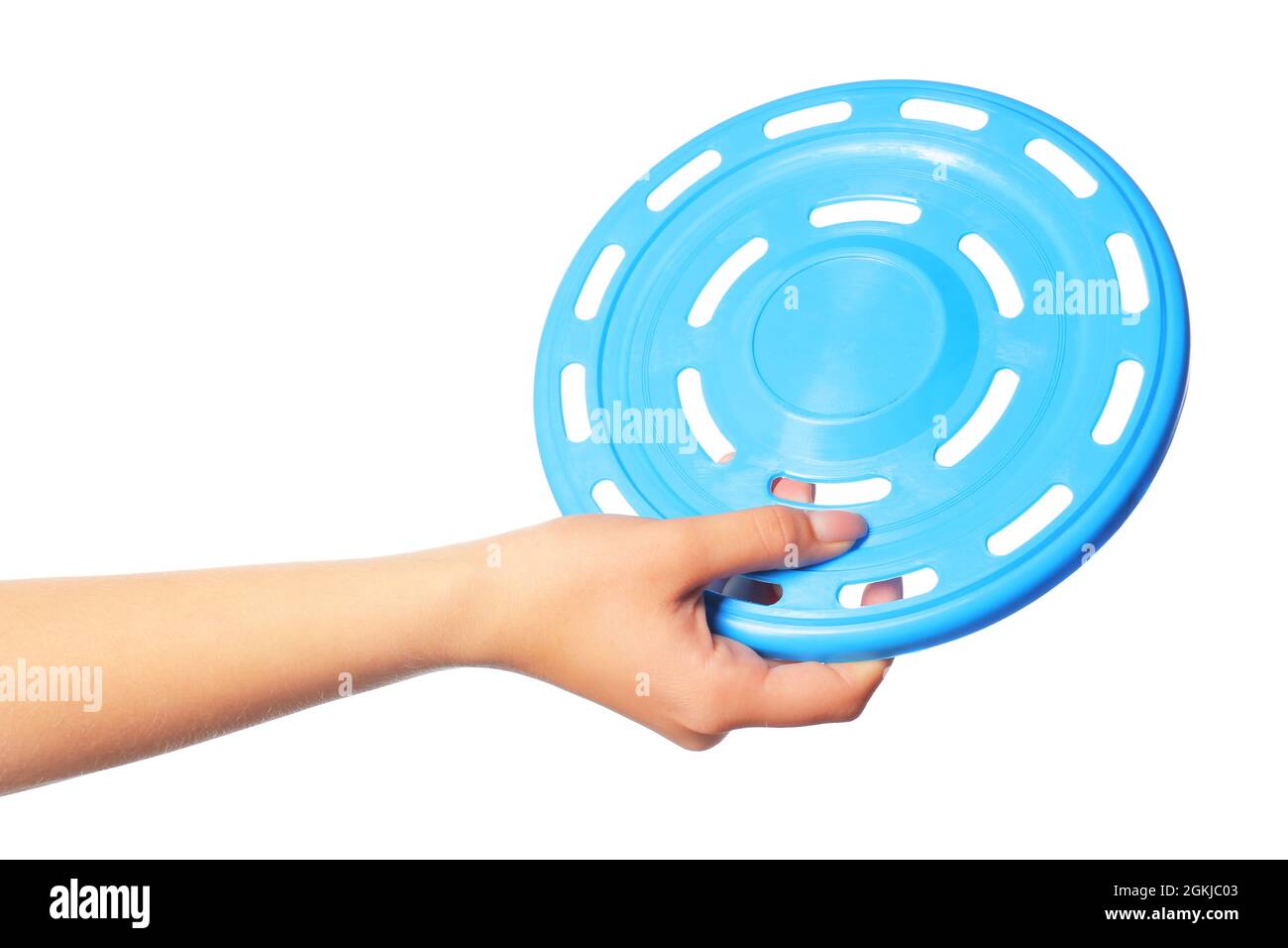 Woman holding frisbee disk on white background Stock Photo - Alamy