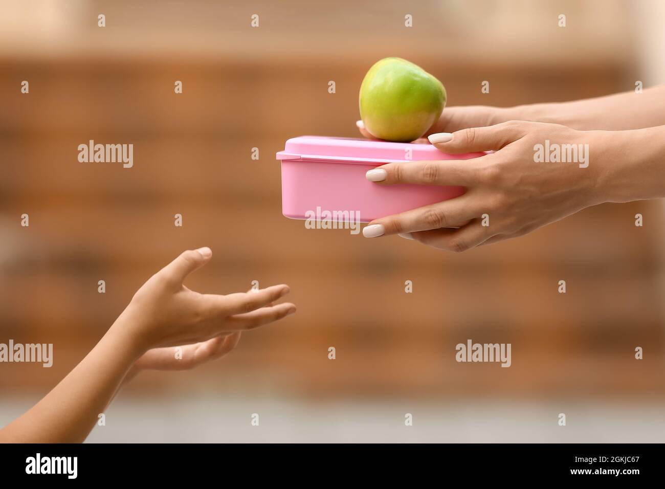 Mother giving lunch to her little daughter before school Stock Photo ...