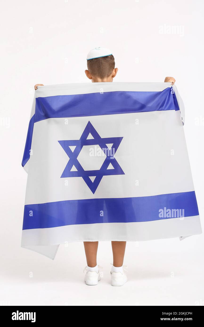 Little boy with the flag of Israel on white background, back view Stock ...