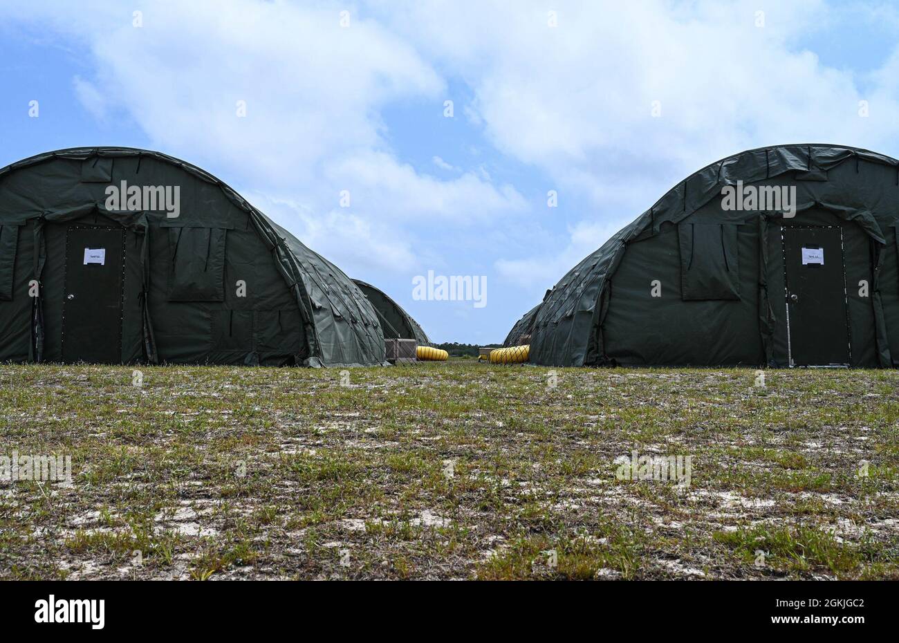 Tents are set in a field at the Agile Flag 21-2 experiment at Naval ...