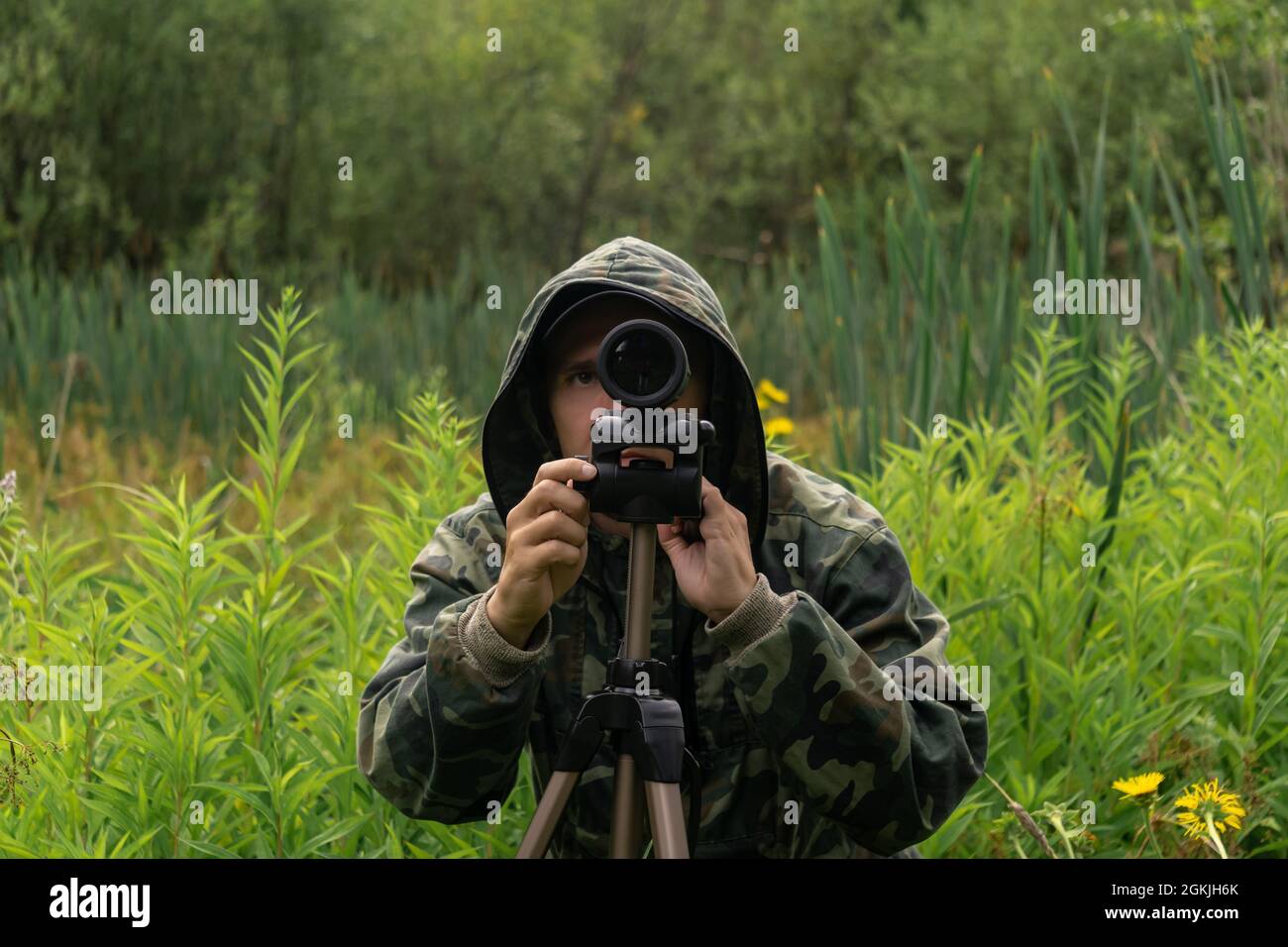 man wildlife explorer makes field observation with a spotting scope ...