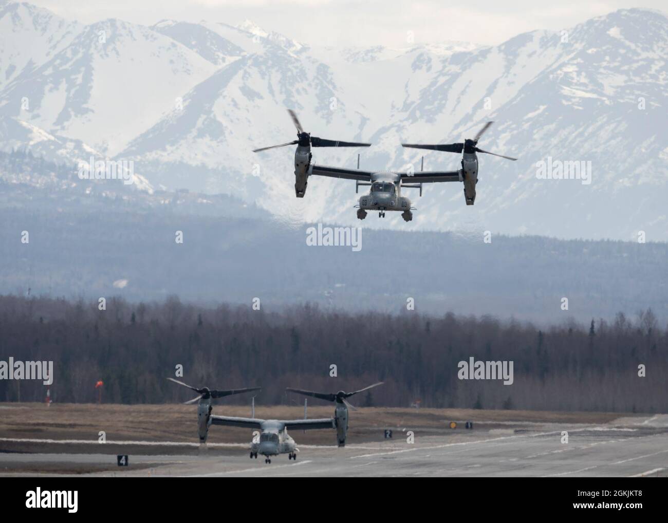 Two U.S. Marine Corps MV-22 Ospreys assigned to Marine Medium Tiltrotor Squadron 164 (Reinforced ...