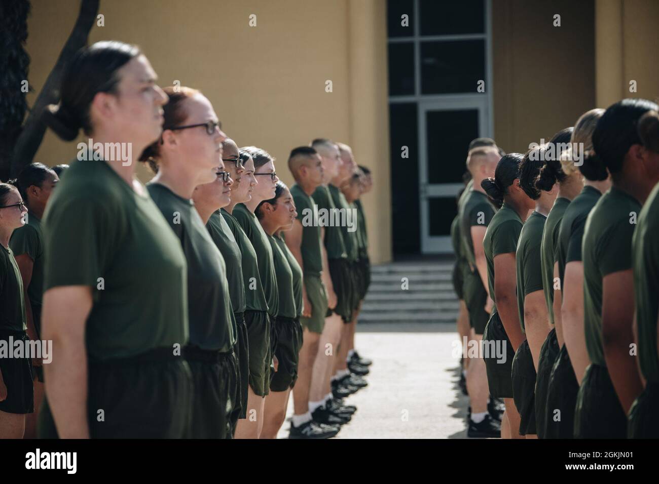 U.S. Marines with Lima Company, 3rd Recruit Training Battalion, stand ...