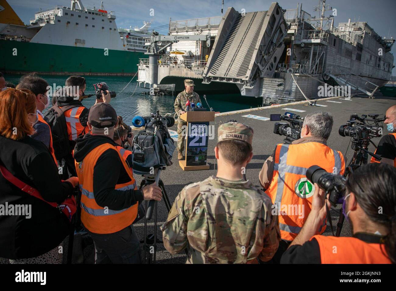 U.S. Col. Joshua Hirsch, 589th Transportation Brigade commander, talks ...
