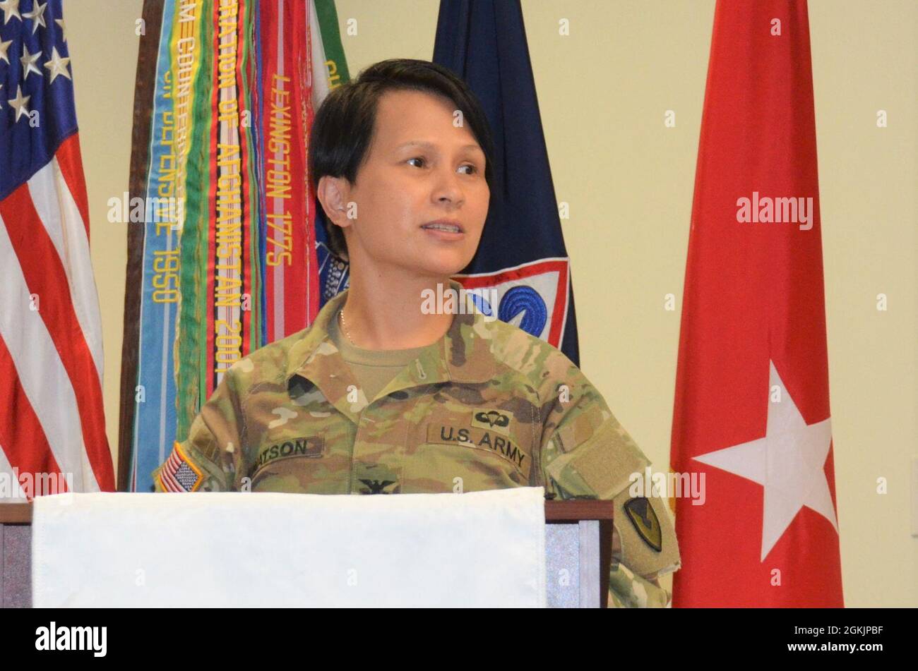 Col. Karin Watson, Fort Lee garrison commander, speaks during a ...